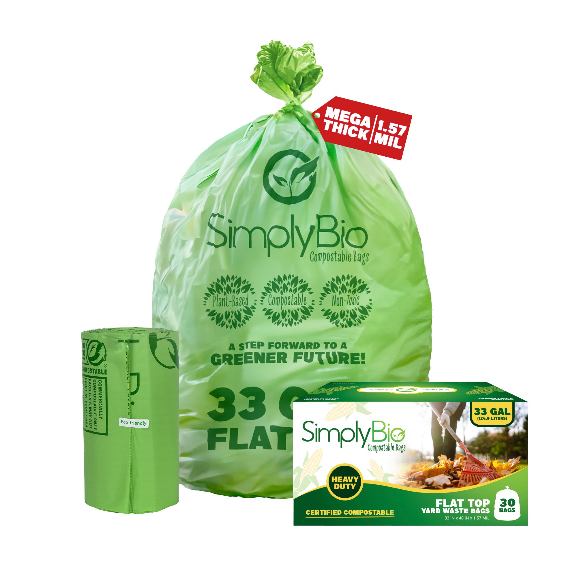 Simply Bio 33 Gal Compostable Bags - Flat Top, 1.57 Mil, Eco-Friendly ...